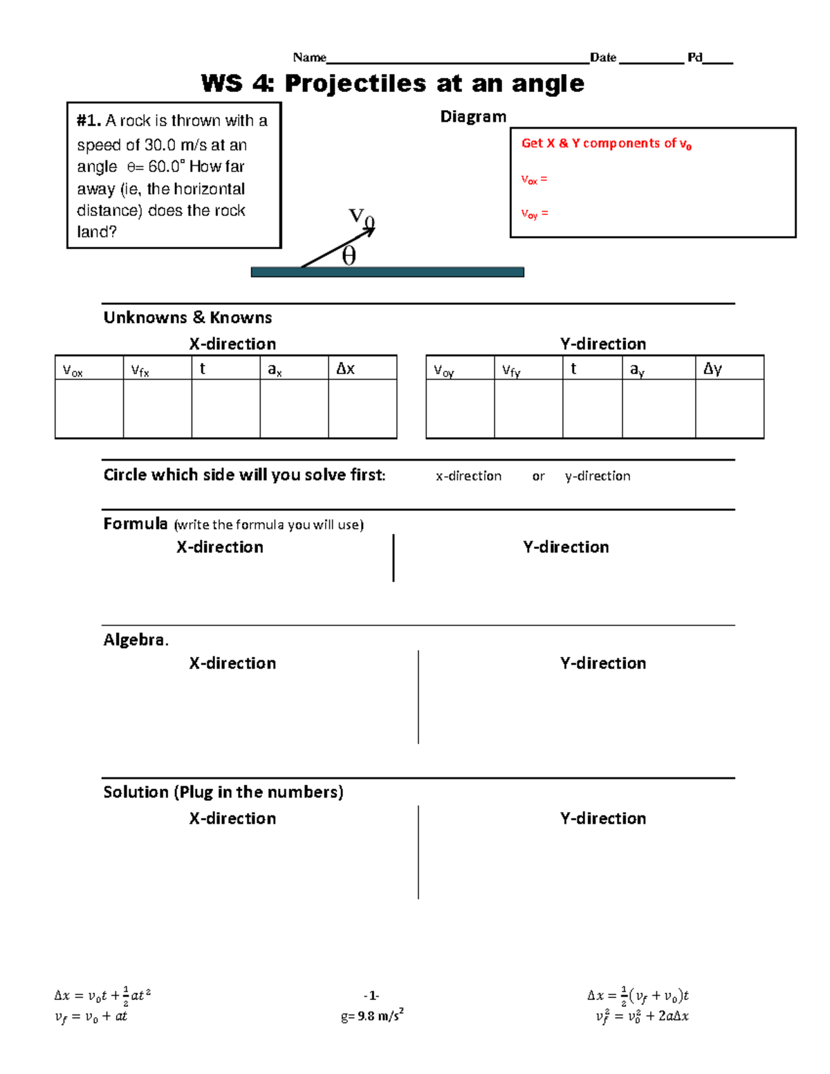 WS 4: Projectile Motion Problems at Angles and Heights - Studocu