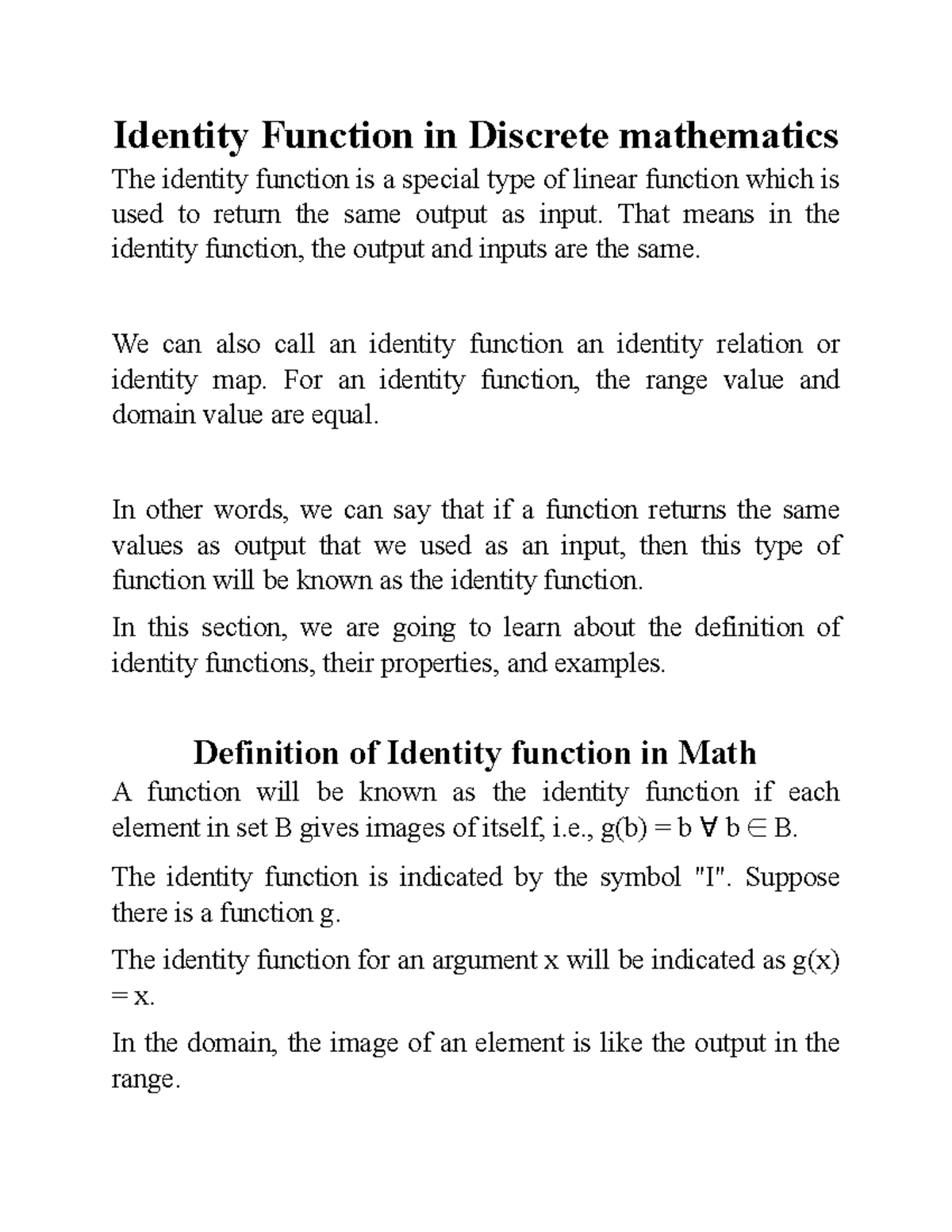 Identity and Injective Function - Identity Function in Discrete ...