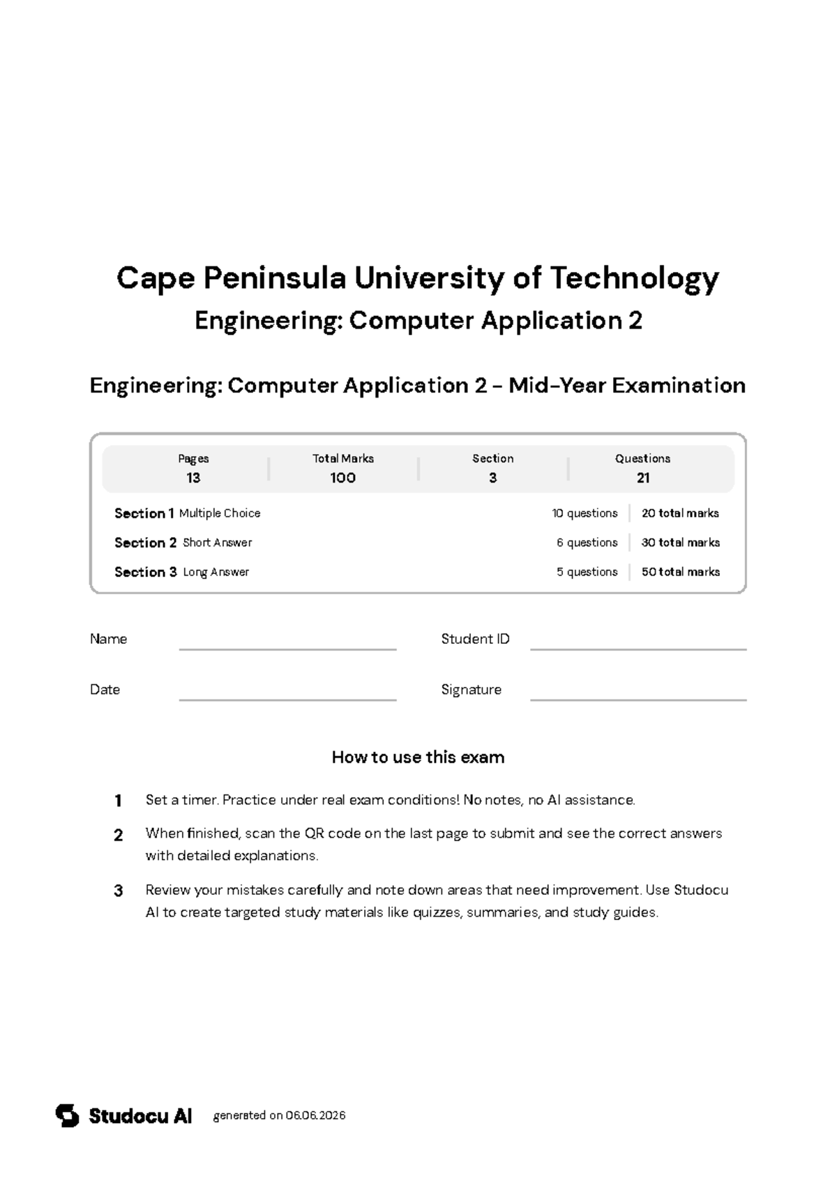 Engineering: Computer Application 2 - Mid-Year Exam - Studocu