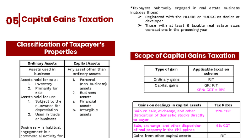 Income Taxation: Capital Gains Taxation (CGT) Overview - Studocu