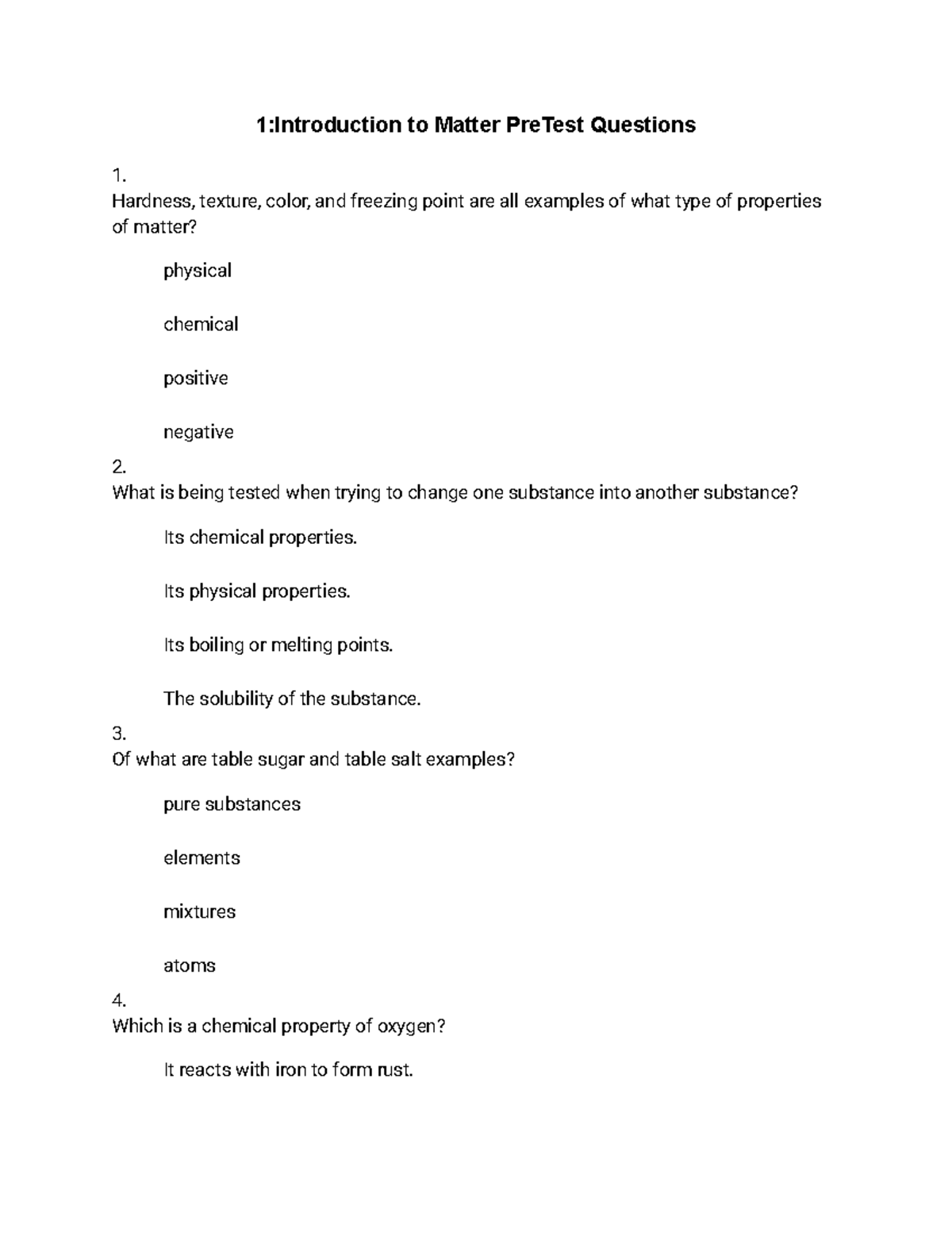 Introduction to Matter: Pre-Test Questions and Answers - Studocu