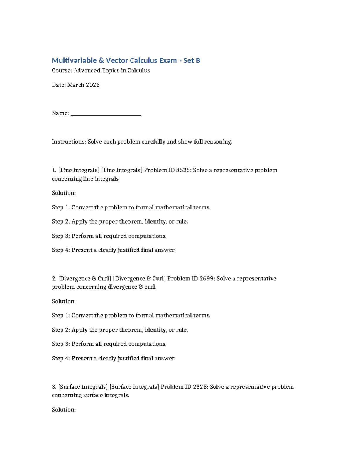 Multivariable Vector Calculus Exam Set B - Math 5631 - Studocu