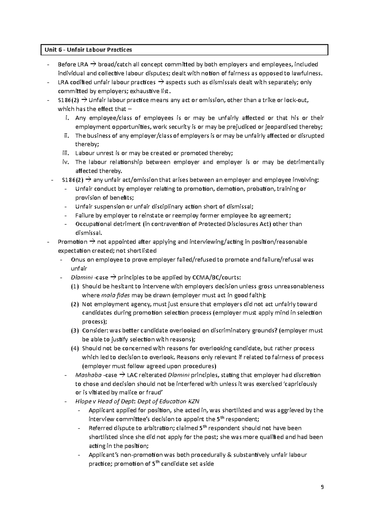 Labour Law Exam Notes: Unfair Labour Practices & Dismissals (LRA) - Studocu
