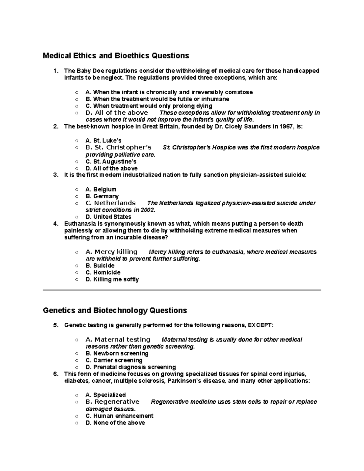 Medical Ethics and Bioethics Quiz Questions (BIO 101) - Studocu