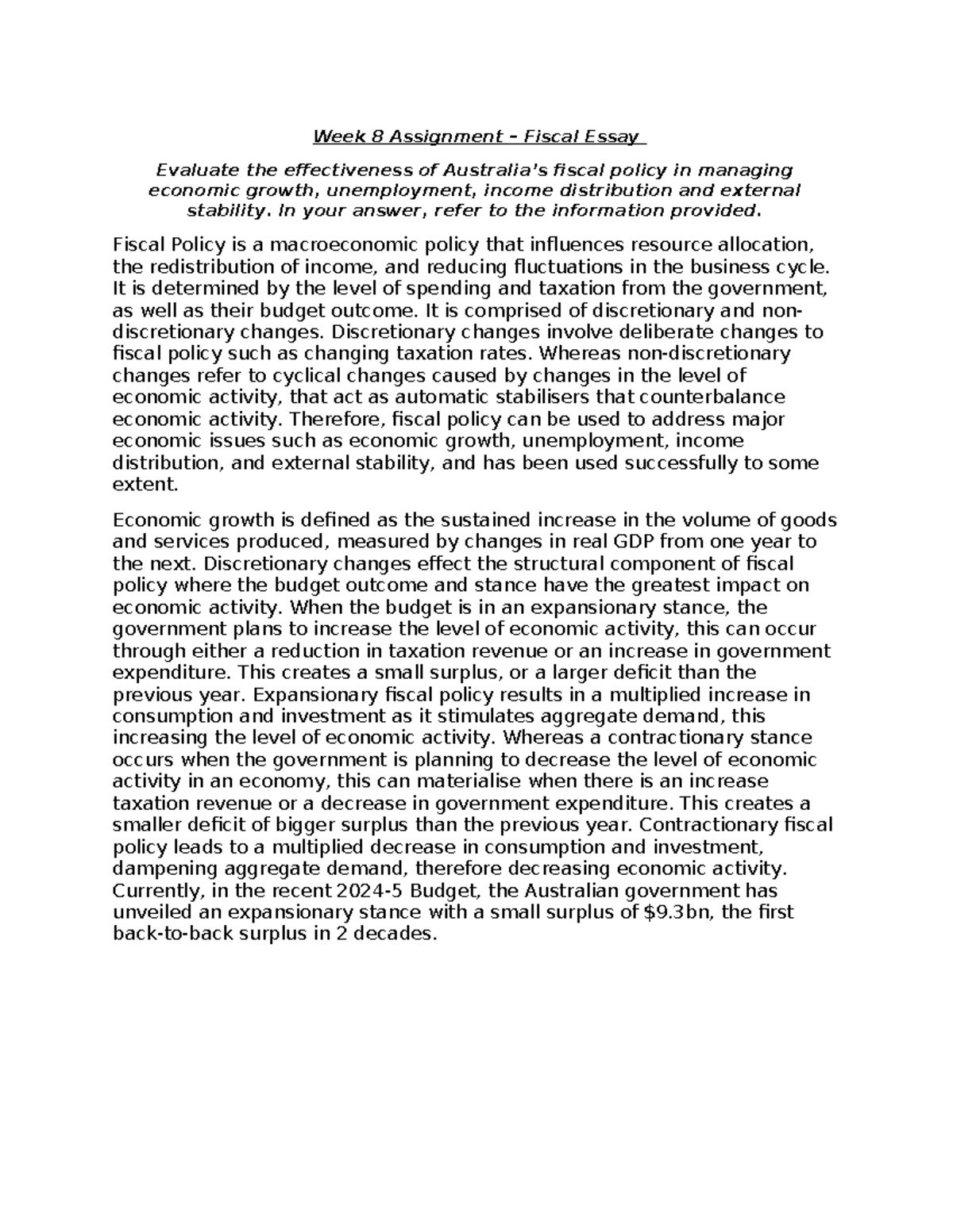 Week 8 Assignment: Evaluating Fiscal Policy Effectiveness - Studocu