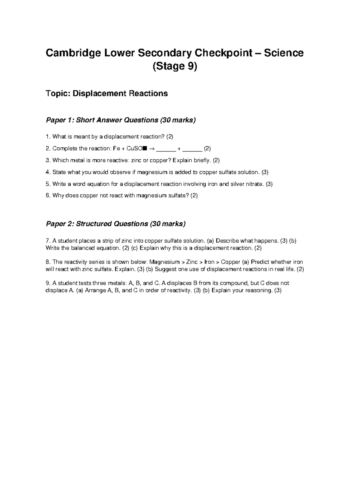 Stage 9 Science: Displacement Reactions Short Answer & Structured Qs ...