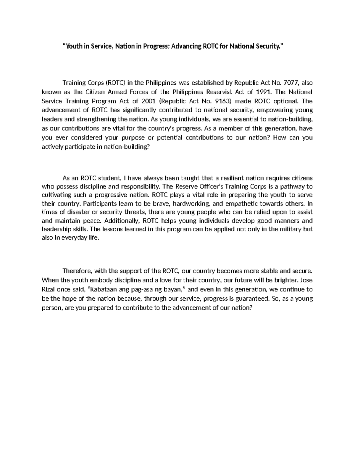 ROTC Essay: Advancing National Service & Youth Leadership - Studocu