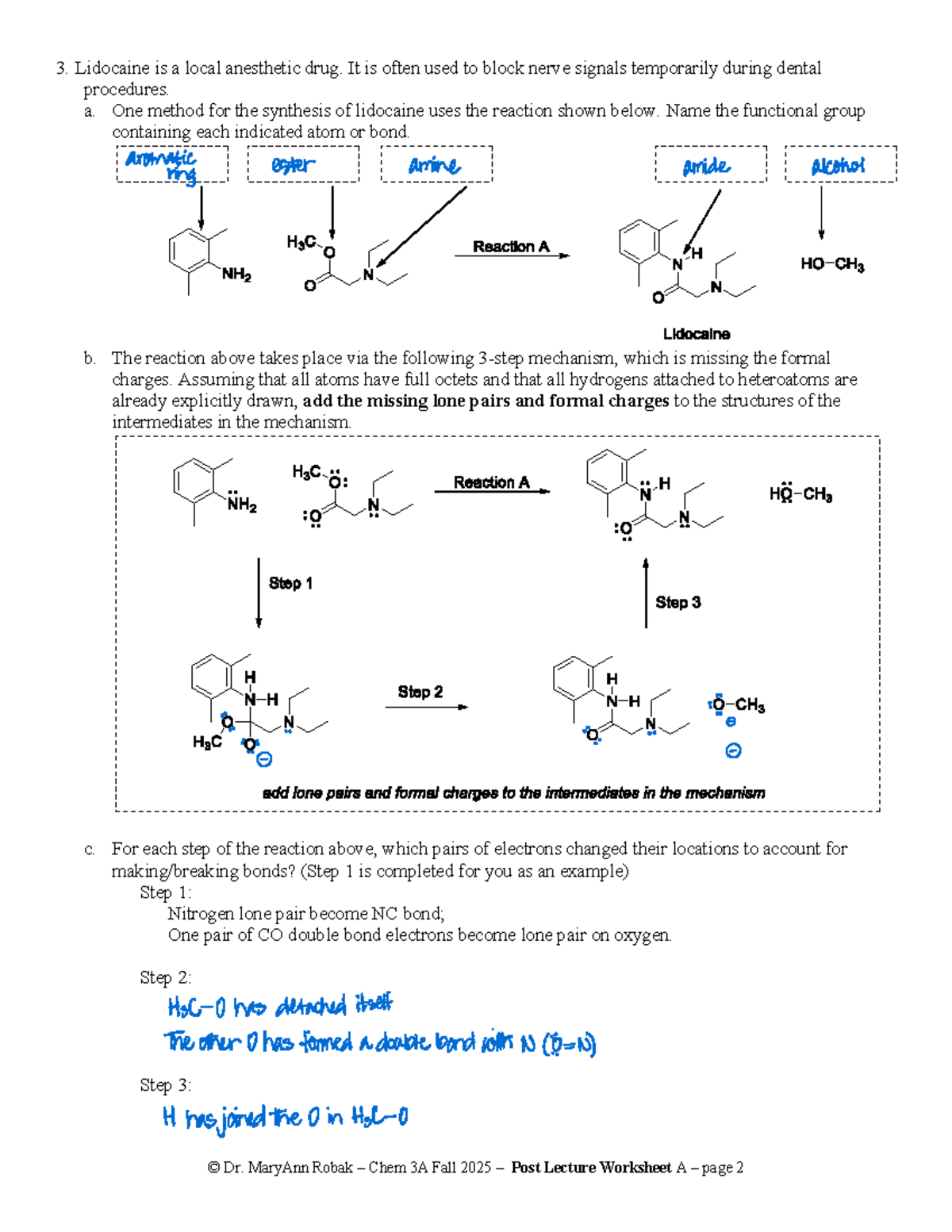 Chem 3A Fall 2025 Post Lecture Worksheet: Lidocaine Synthesis ...