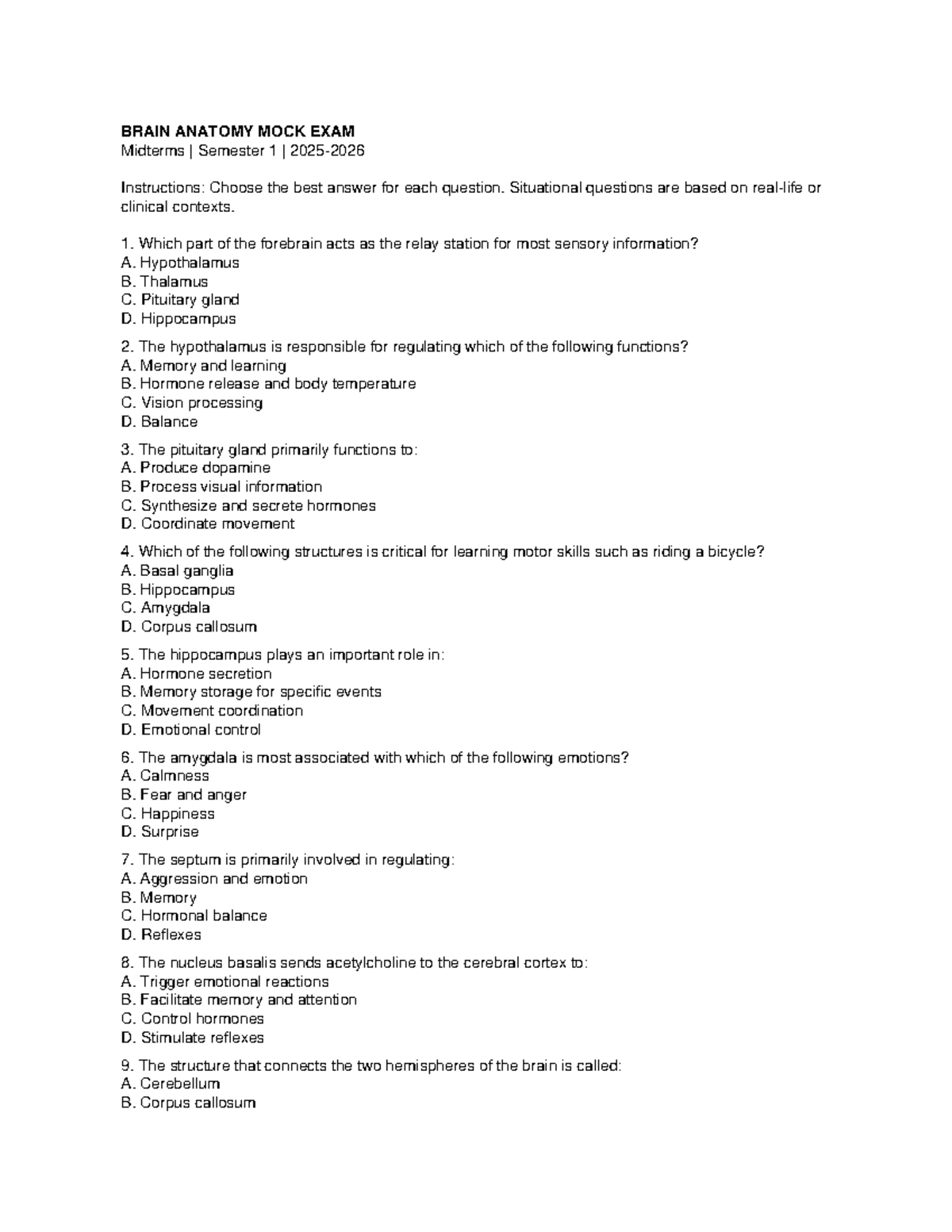 BRAIN ANATOMY MIDTERM MOCK EXAM Semester 1 - Studocu