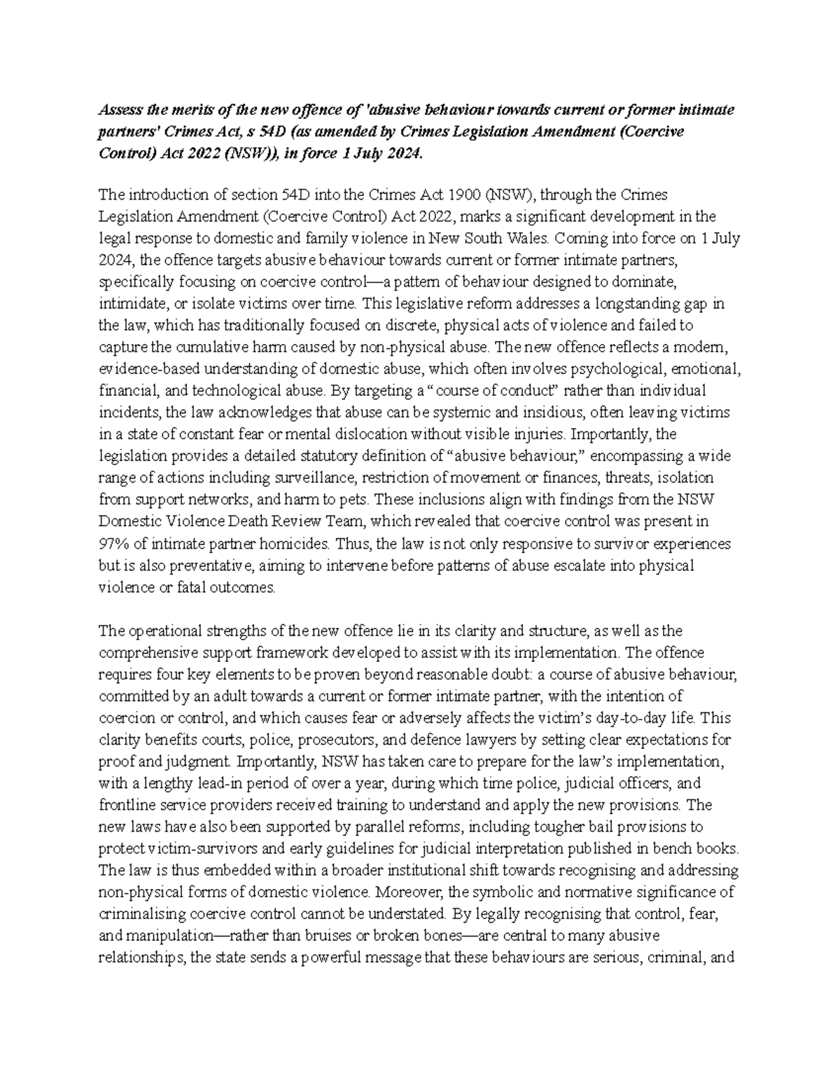 Essay on Reforms: Assessing the New Offence of Coercive Control (Crimes ...