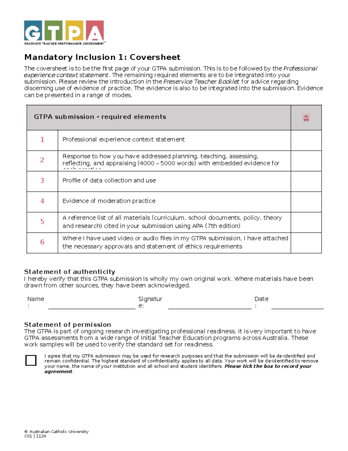 GTPA Submission Coversheet - Mandatory Elements CS1 1124 - Studocu