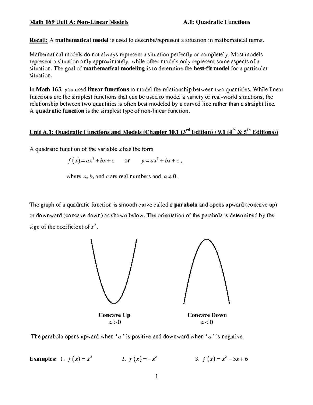 Math 163 Lecture Notes: Quadratic Functions & Models A1 - Studocu