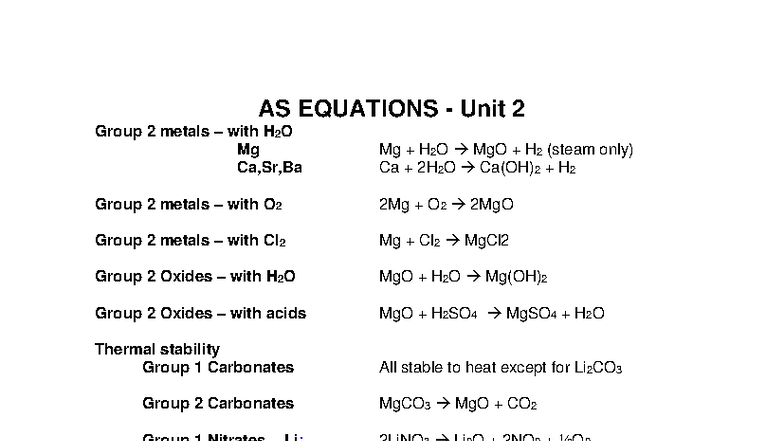 Unit 2 Essential Equations for Group 2 Metals and Reactions - Studocu