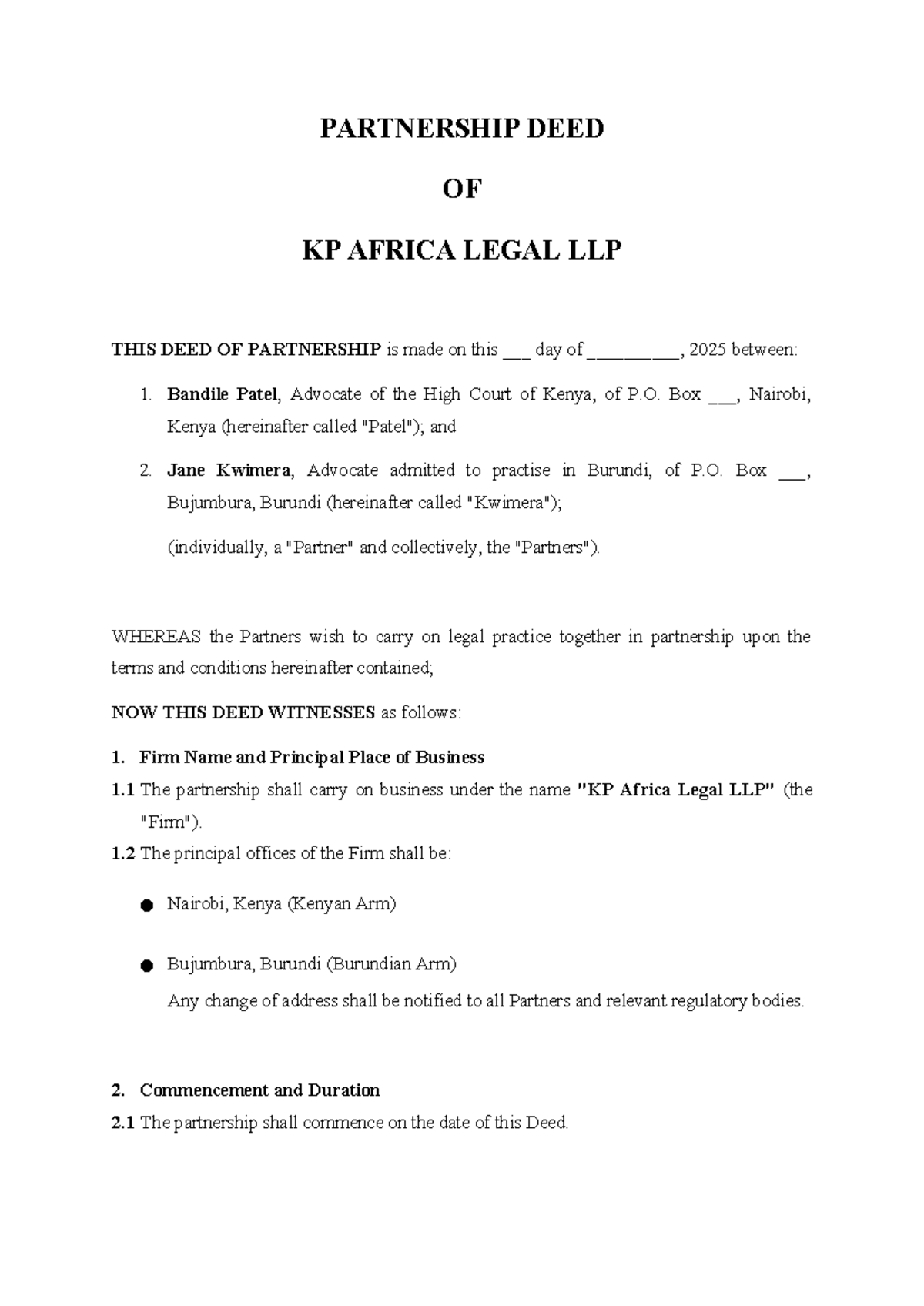 Partnership Deed Draft for KP Africa Legal LLP - Studocu
