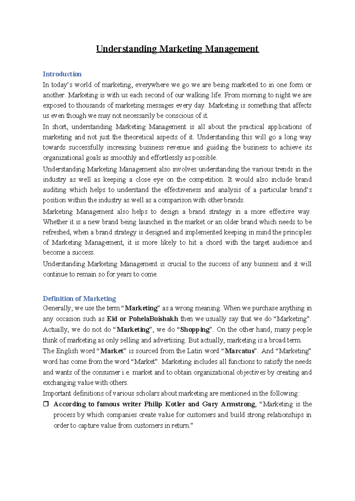 Understanding Marketing Management: Key Concepts and Applications - Studocu