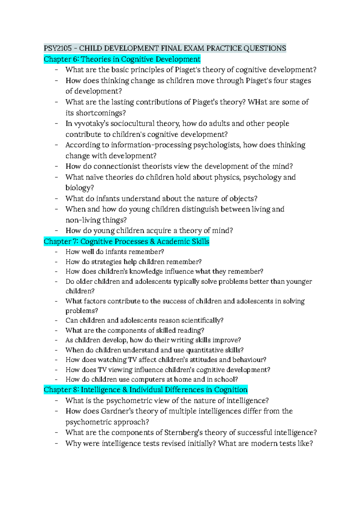 PSY2105 - Practice Questions for Child Development Final Exam - Studocu