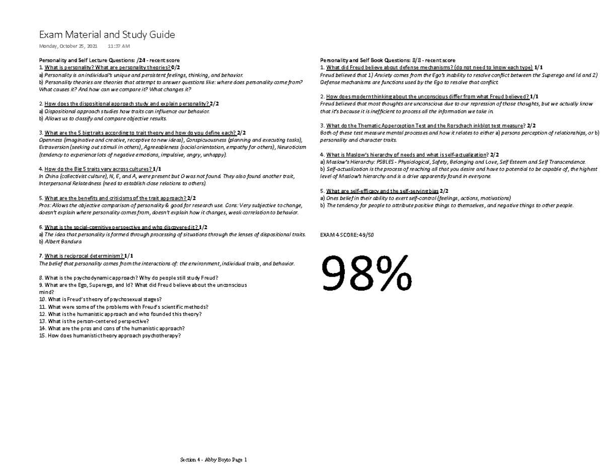 Exam #4 Study Guide: Personality & Self Concepts - Abby Boyto - Studocu