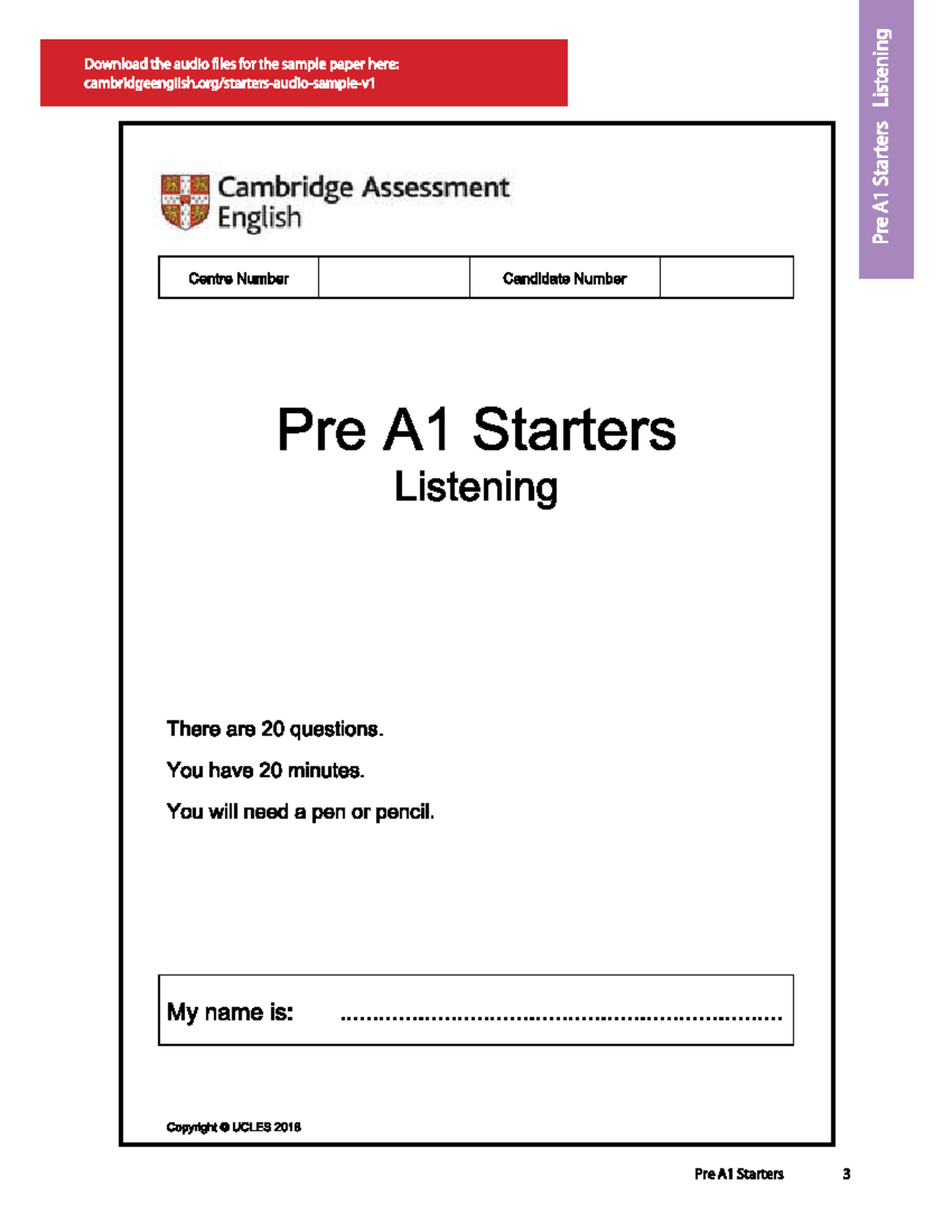 Đề Starter 1: Cambridge Pre A1 Starters Listening & Reading - Studocu