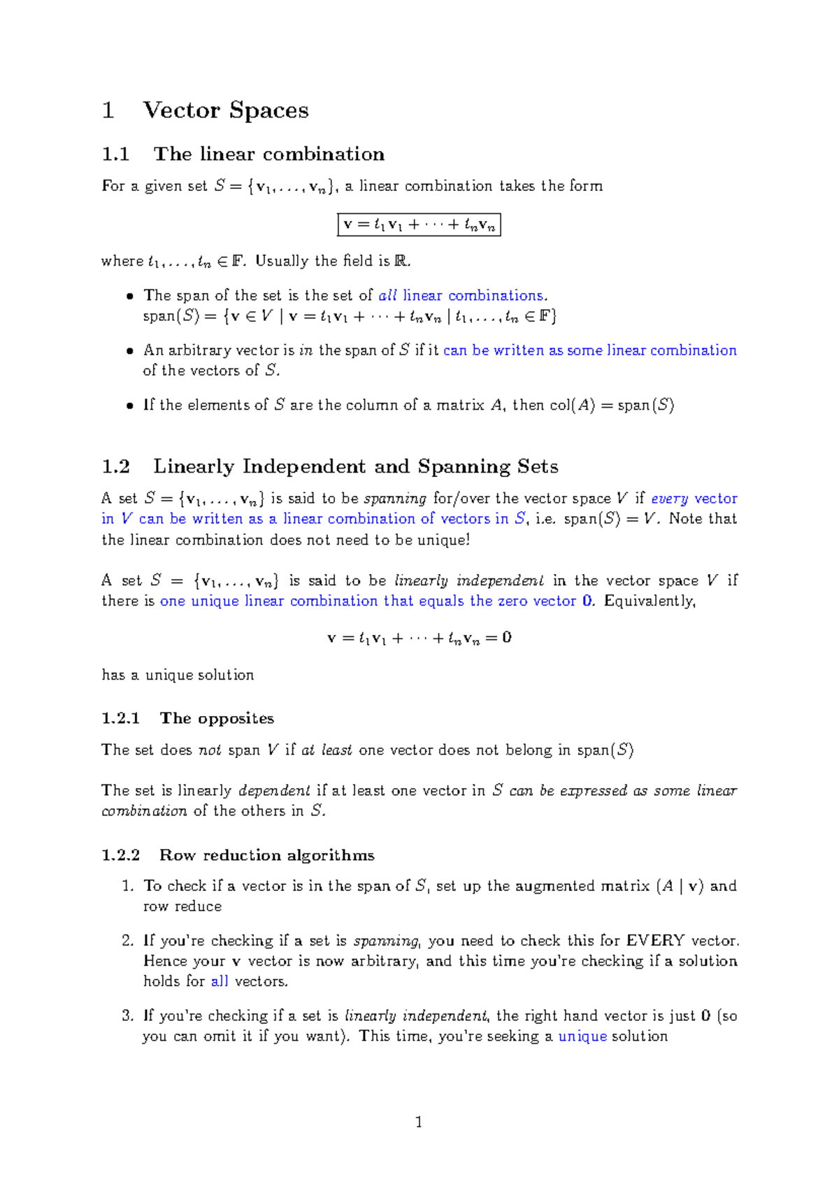Linear Algebra MATH101: Vector Spaces and Linear Transformations Notes ...