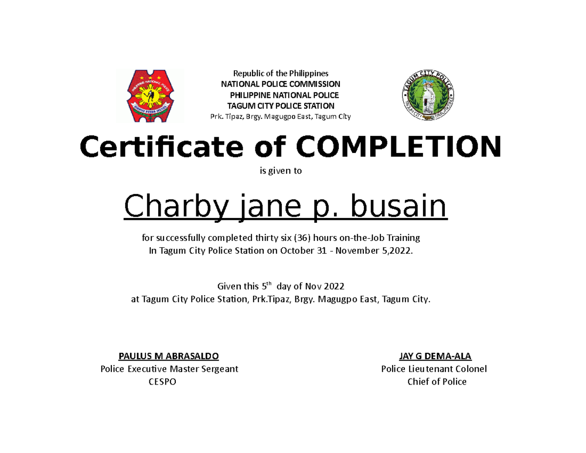 PNP Bravo Certificate Final - NATIONAL POLICE COMMISSION PHILIPPINE ...