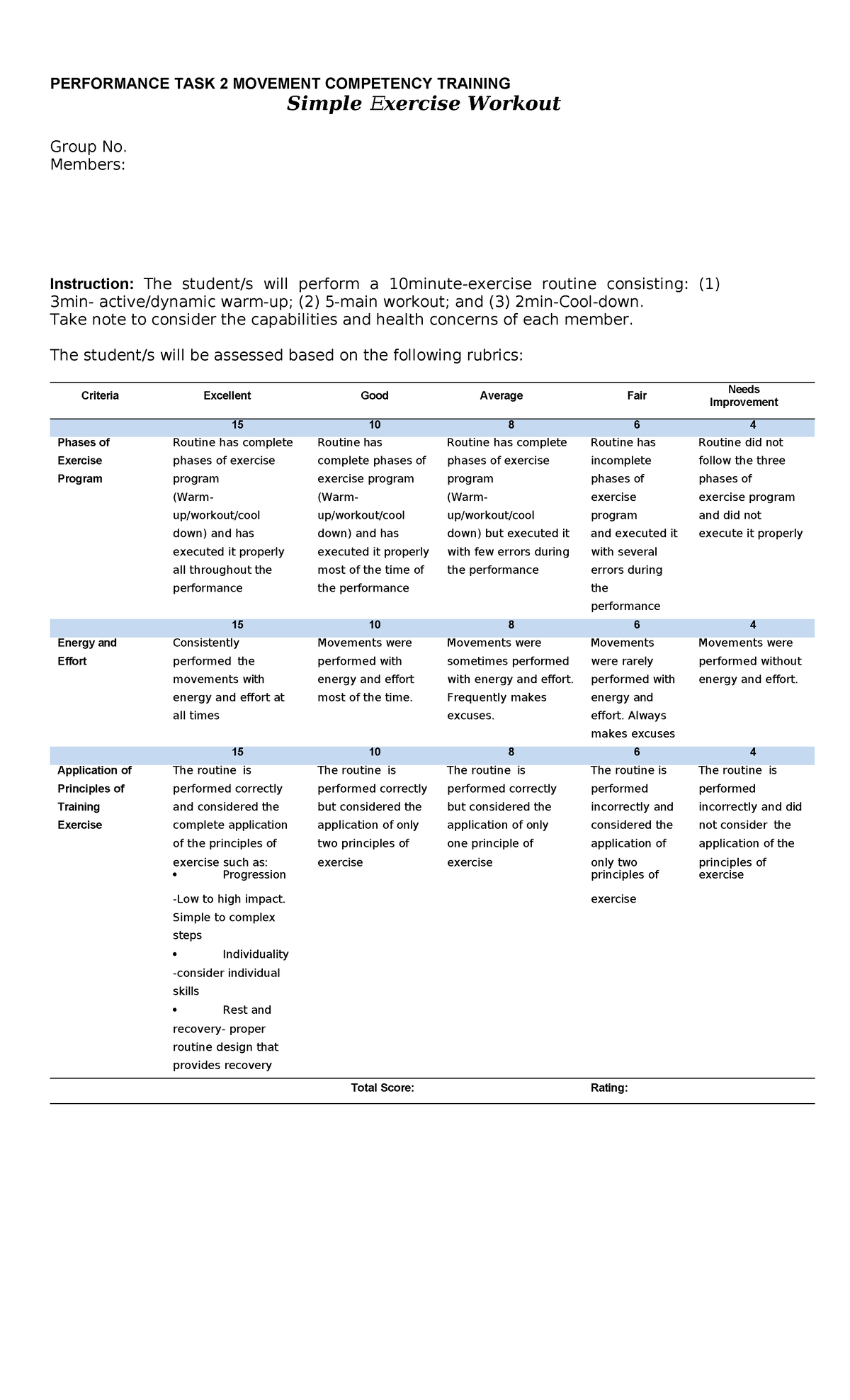 Performance TASK 2: Movement Competency Exercise Routine Guidelines ...