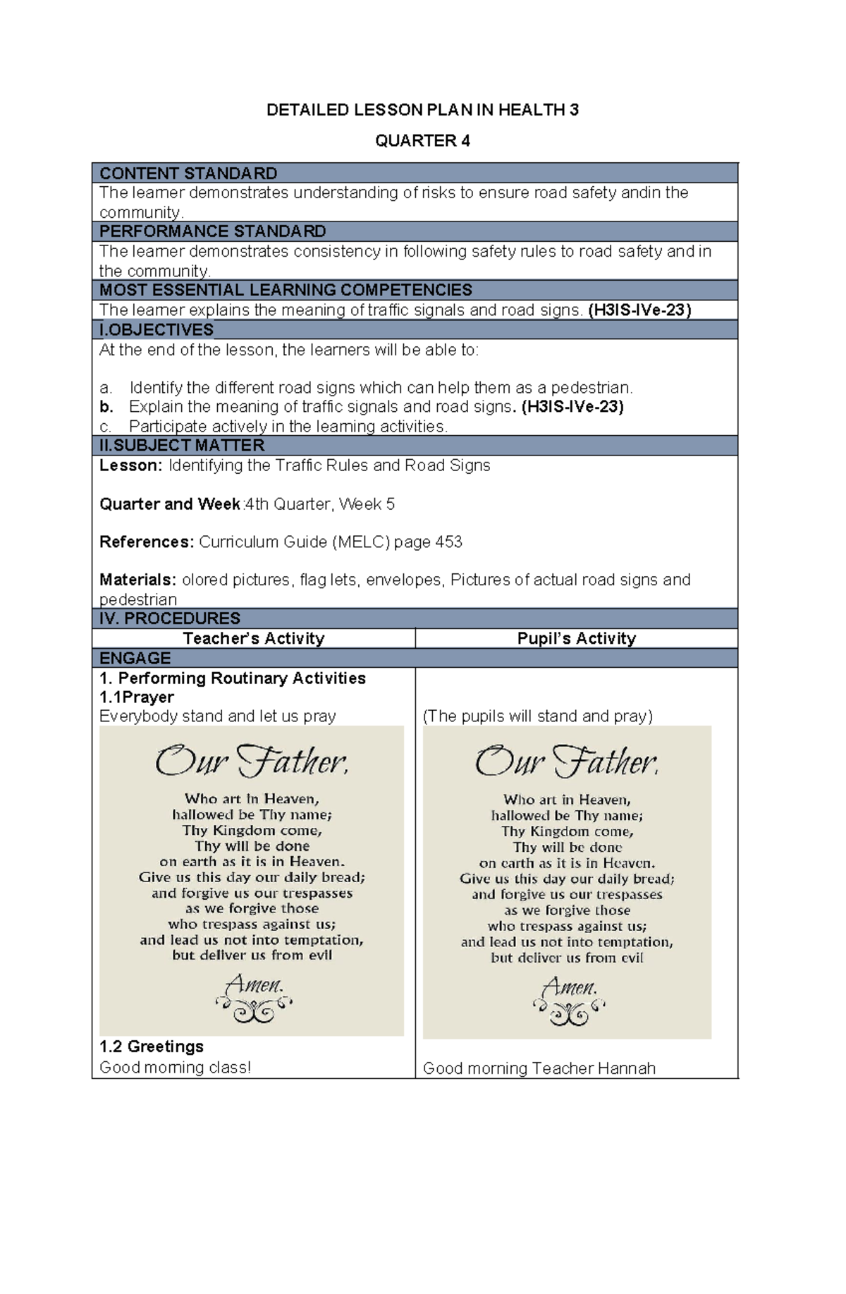 Detailed Lesson Plan: Road Safety & Traffic Rules (H3IS-IVe-23) - Studocu