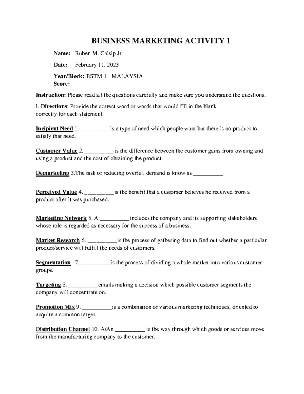 BSTM 1 Business Marketing - Activity 1 Study Guide and Questions - Studocu