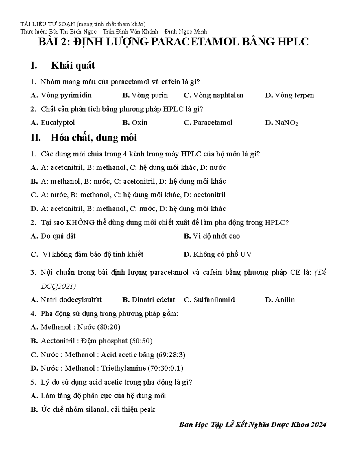 Định Lượng Paracetamol Bằng HPLC - Tài Liệu Tham Khảo 2024 - Studocu