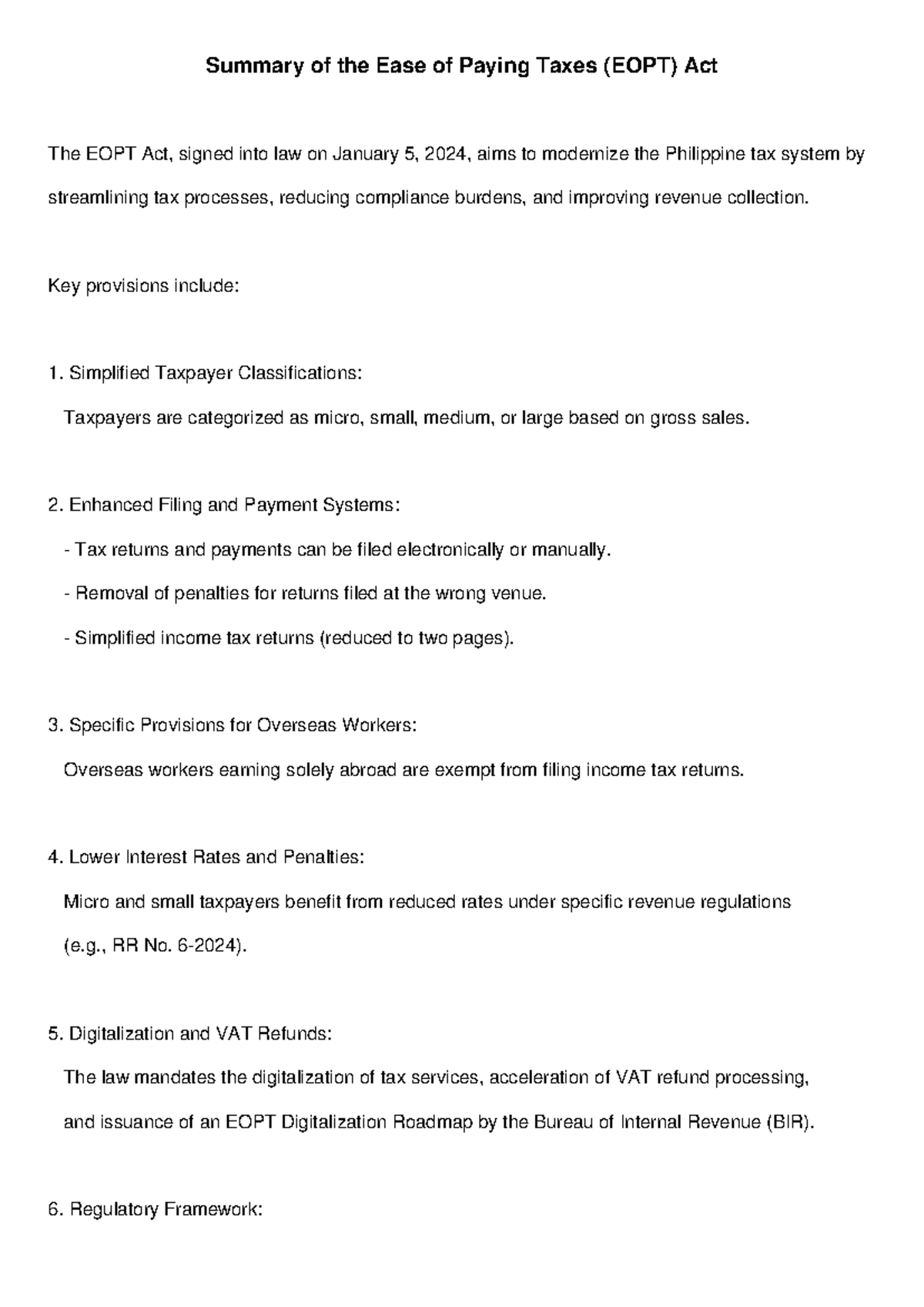 EOPT Act Summary: Modernizing Philippines Tax System Insights - Studocu