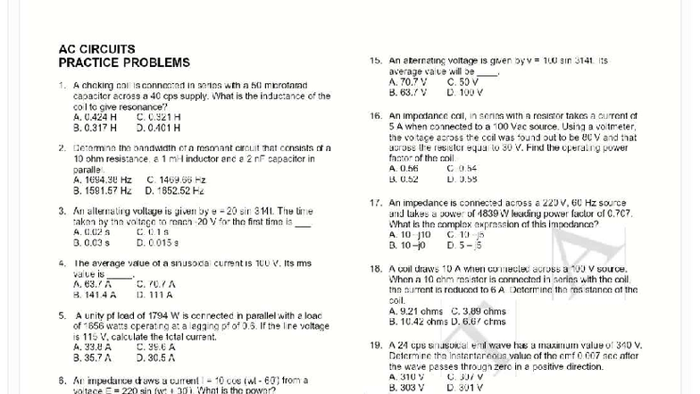 AC CIRCUITS PRACTICE PROBLEMS (Final Exam) - Studocu