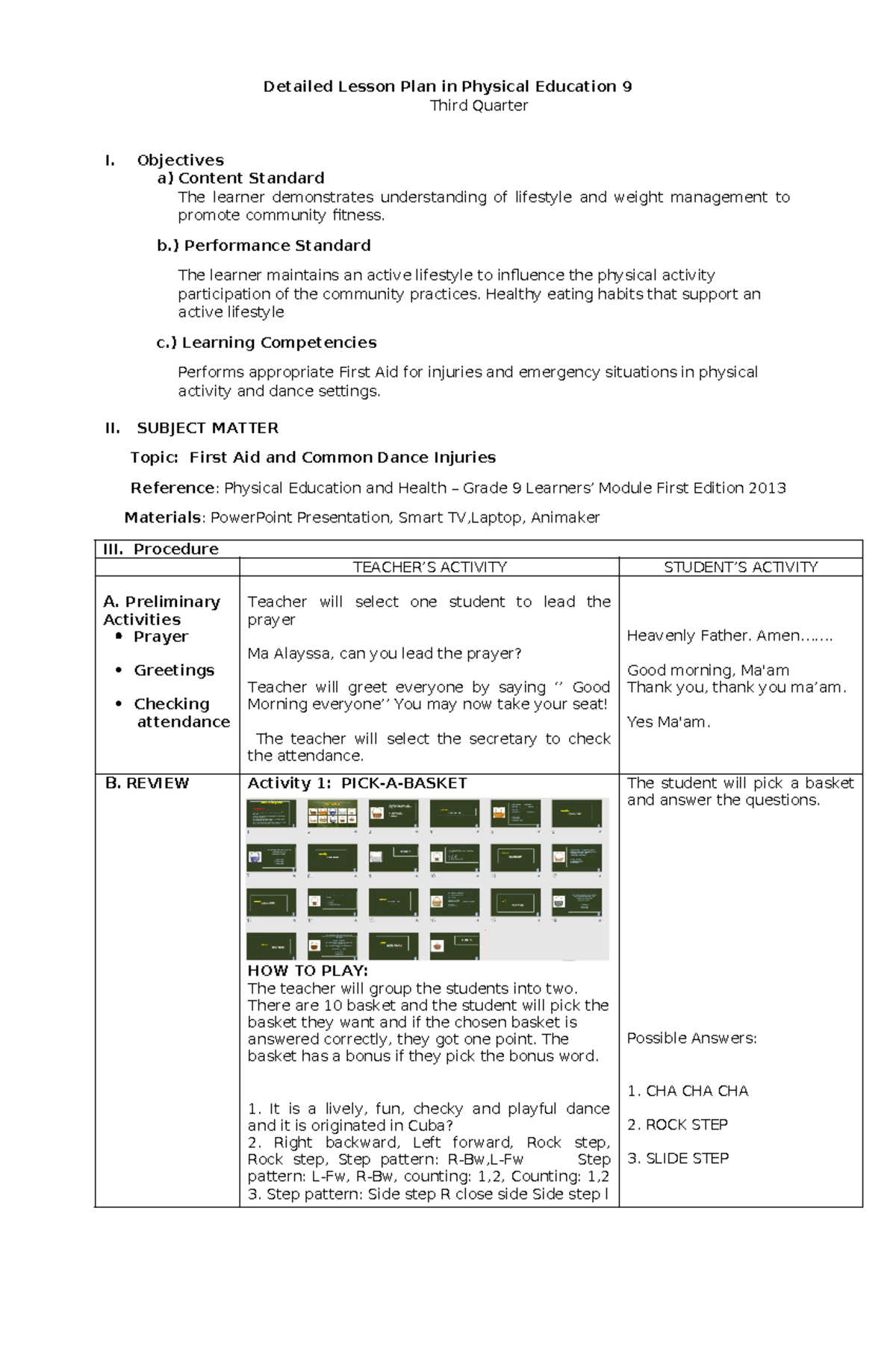 PE9 Lesson Plan: First Aid for Dance Injuries and Emergency Response ...