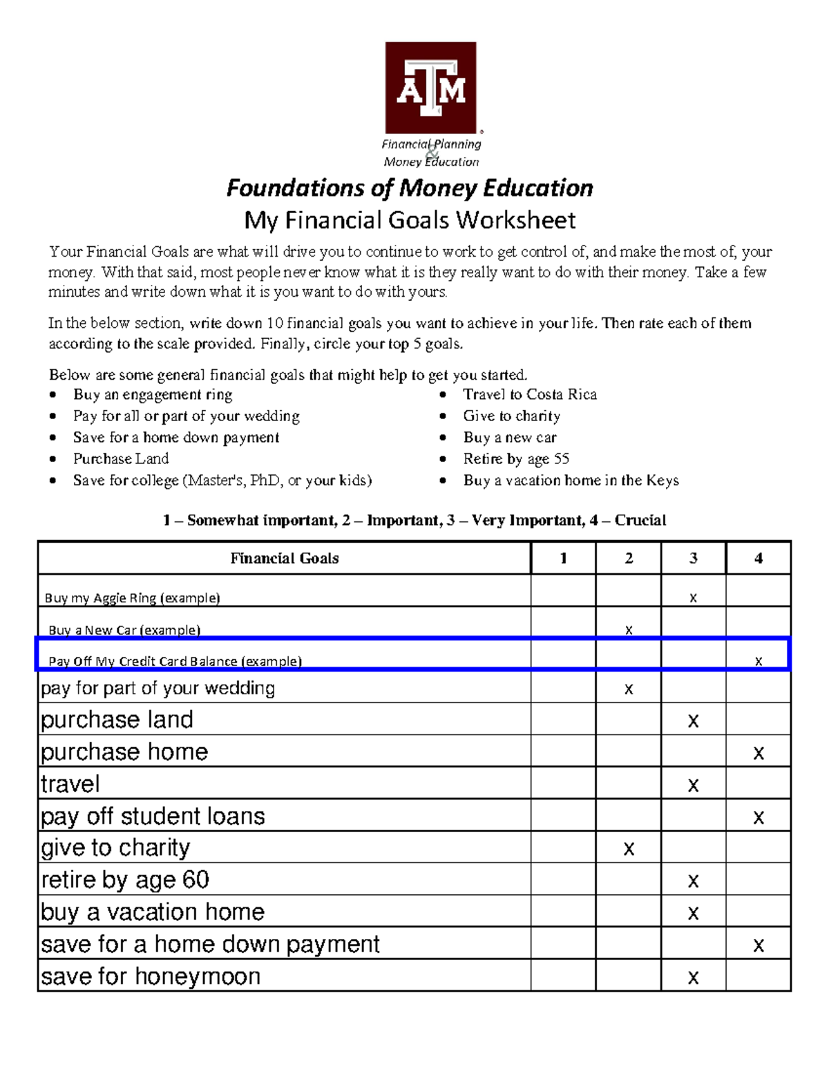 My Financial Goals Worksheet ADA - Foundations of Money Education My ...