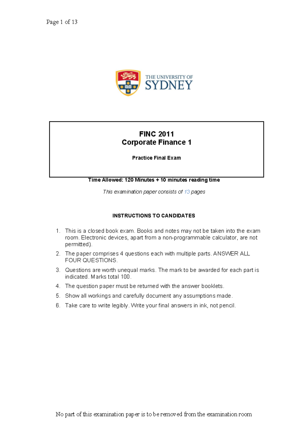 Practice Final Exam Solutions for FINC 2011 Corporate Finance 1 S1 2026 ...