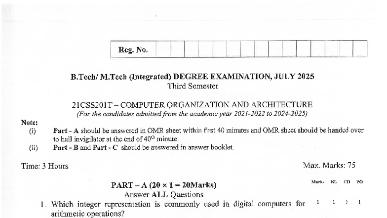 21CSS201T Computer Organization & Architecture Exam - July 2025 - Studocu