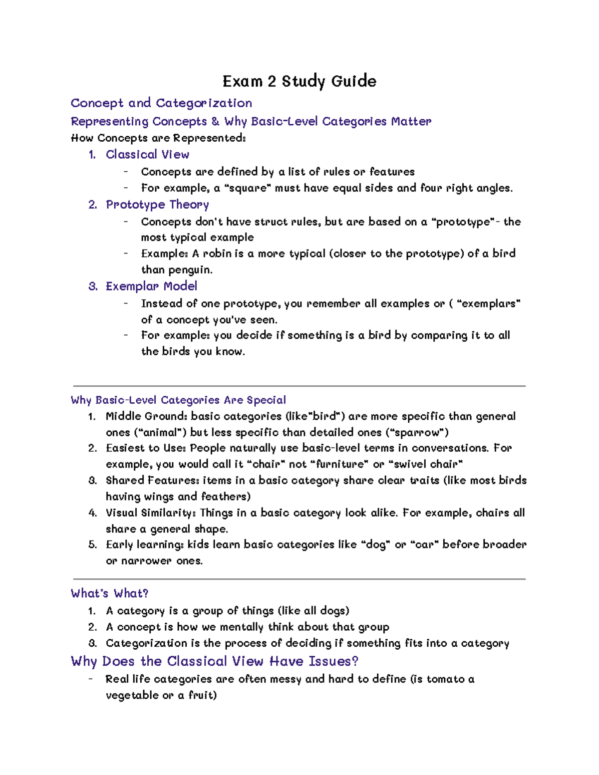 Cognitive Study Guide 2 - Exam 2 Study Guide Concept and Categorization ...
