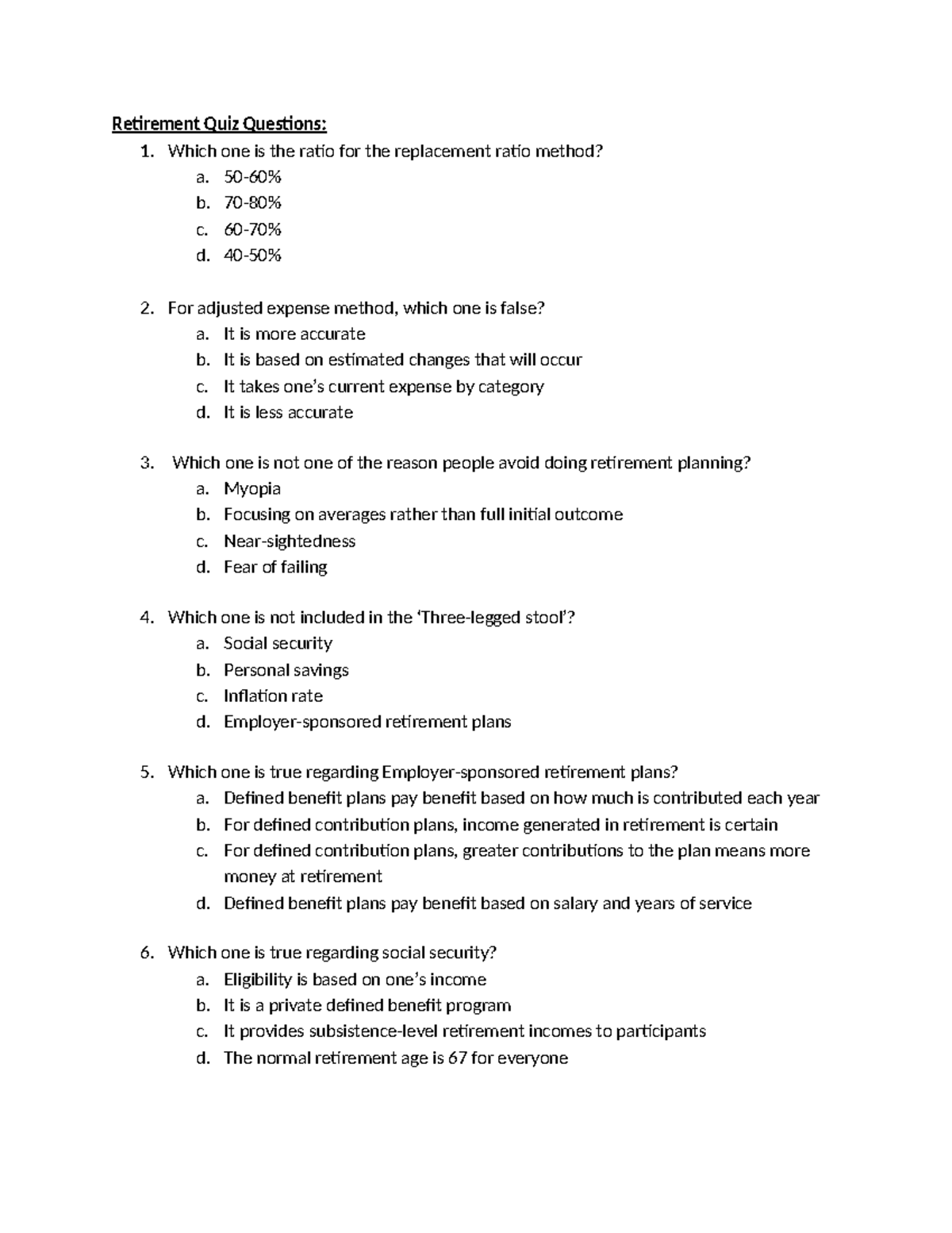 Retirement Planning Quiz Questions: Human Ecology Assignment - Studocu