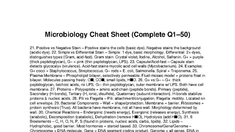 Microbiology Cheat Sheet: Stains, Structures, and Functions - Studocu