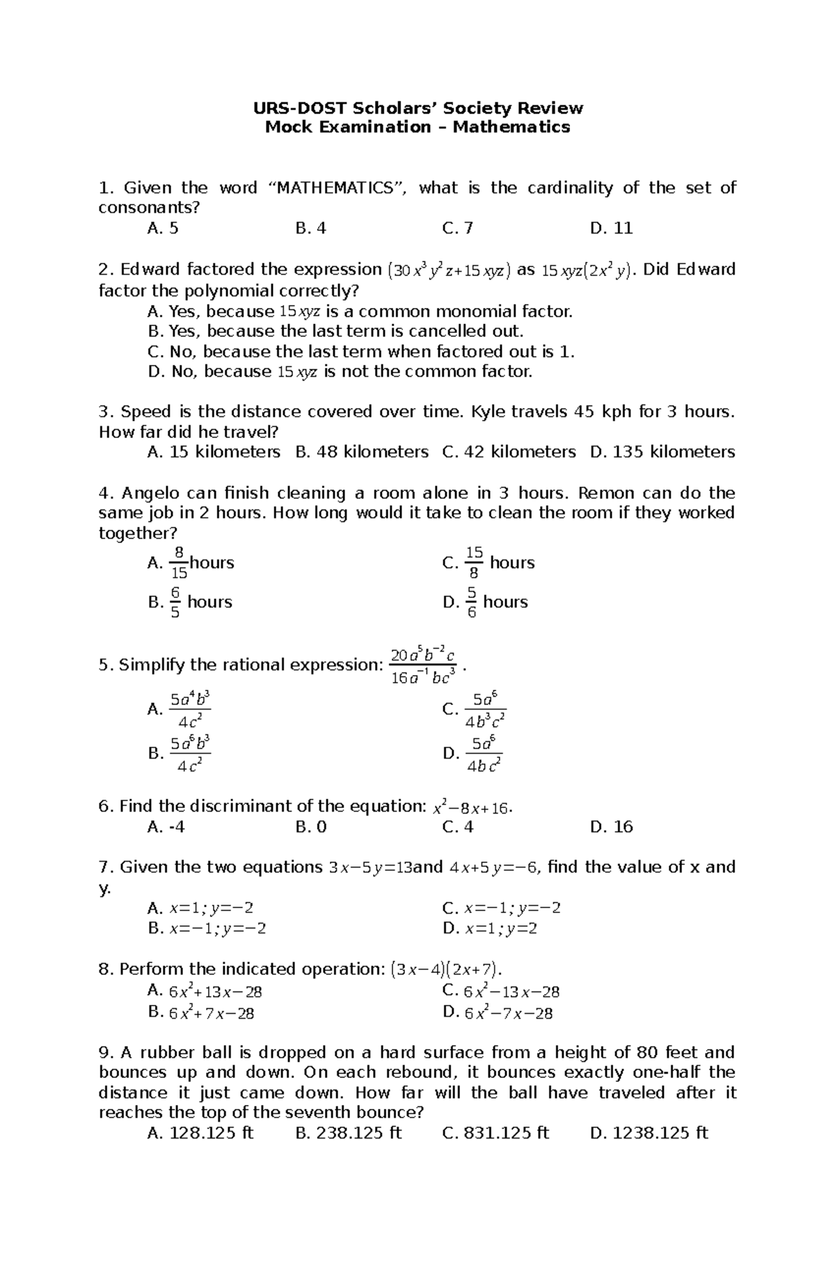 (40 items) Mock Exam Review for Mathematics URS 101 - Studocu