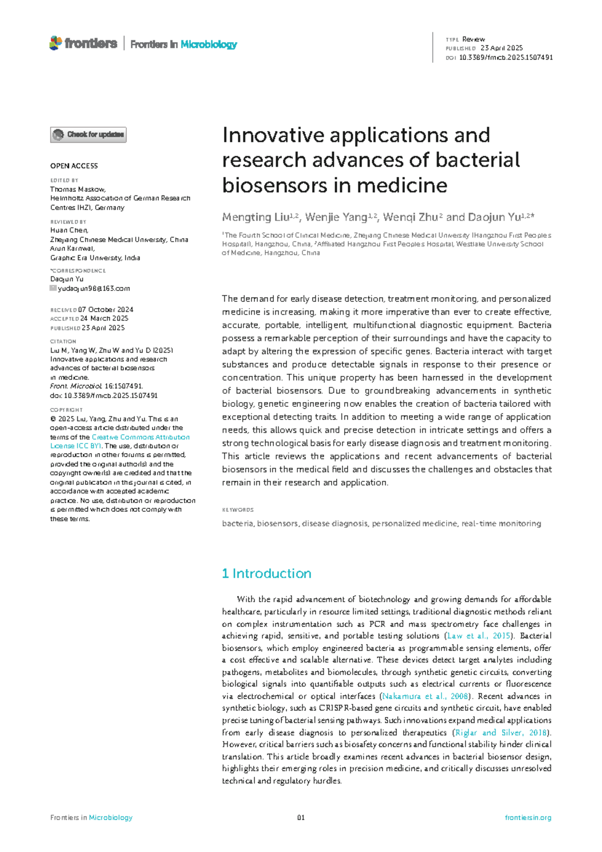 Innovative Applications of Bacterial Biosensors in Medicine (FMICB-16 ...