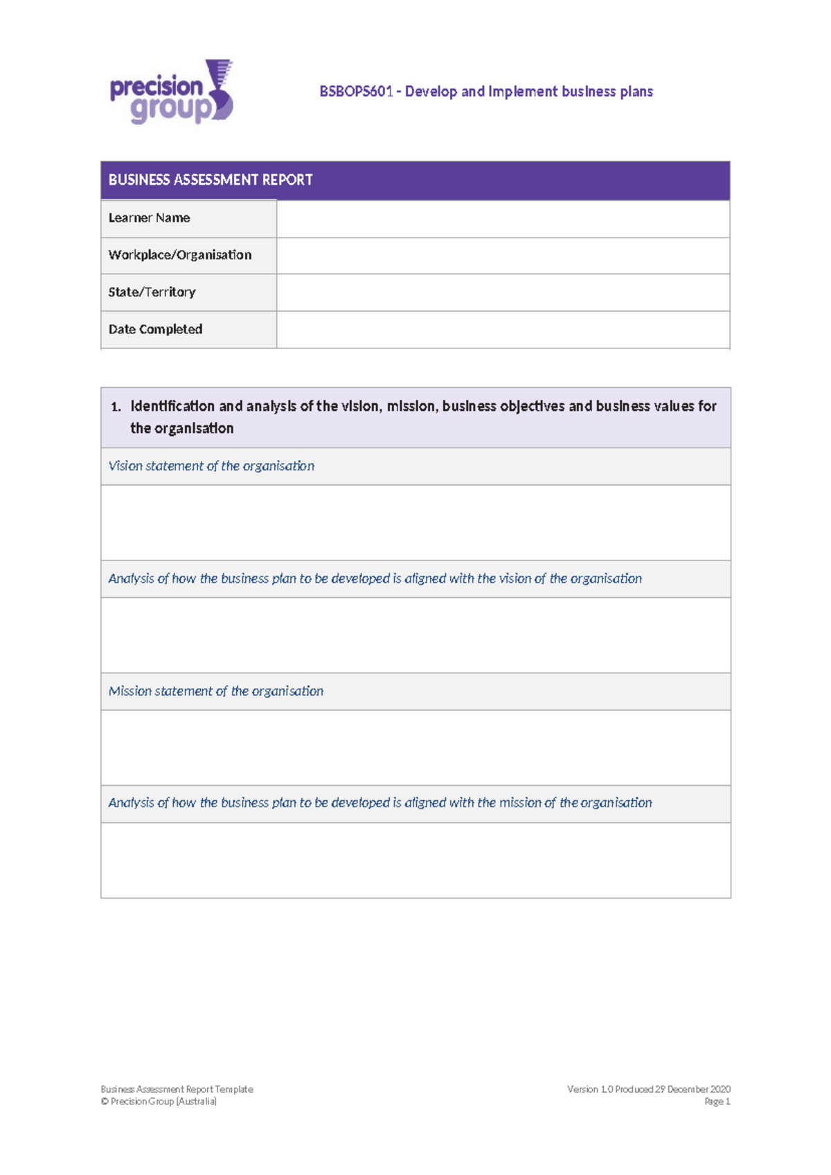 BSBOPS601 Business Assessment Report Template v1.0 Analysis and ...