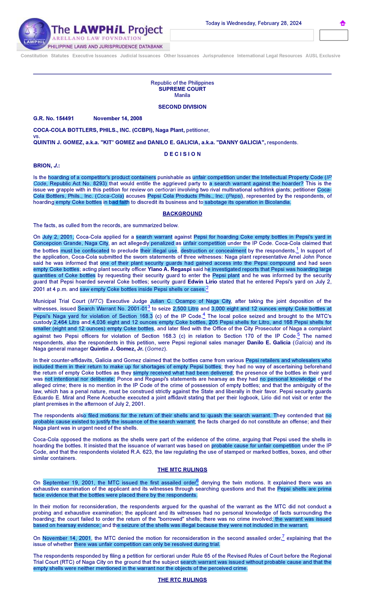 G.R. No. 154491: Unfair Competition & Search Warrant Issues in IP Code ...