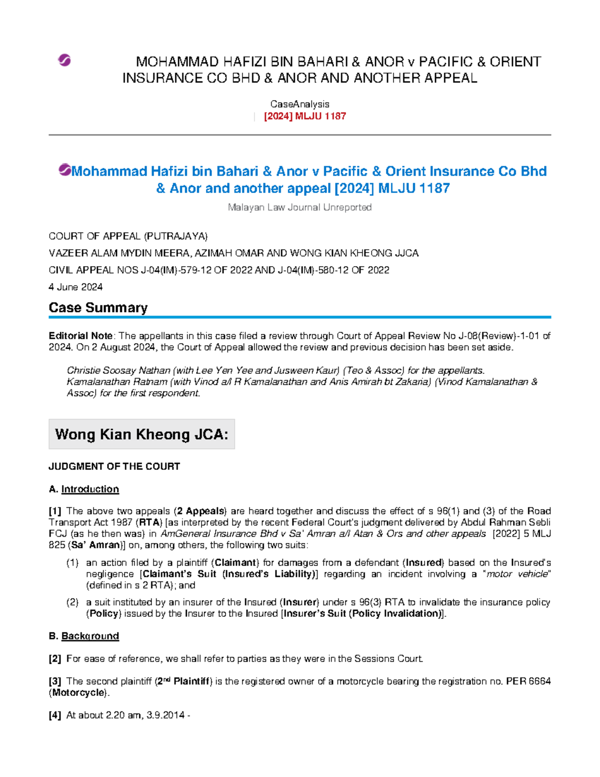 C. Case Analysis: Mohammad Hafizi bin Bahari v Pacific Orient Insurance ...