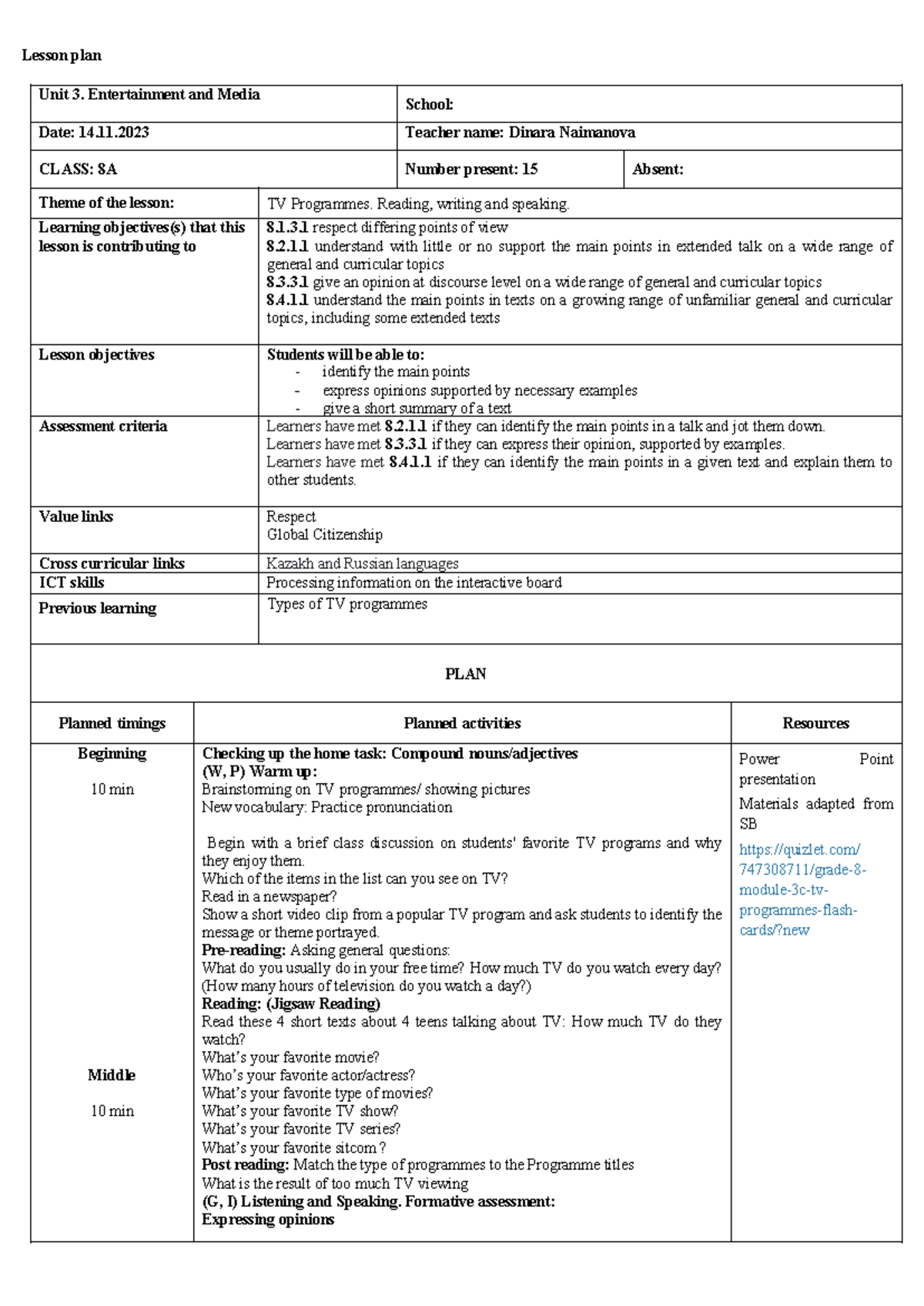 Demo lesson plan TV Programmes Grade 8 - Lesson plan Unit 3 ...