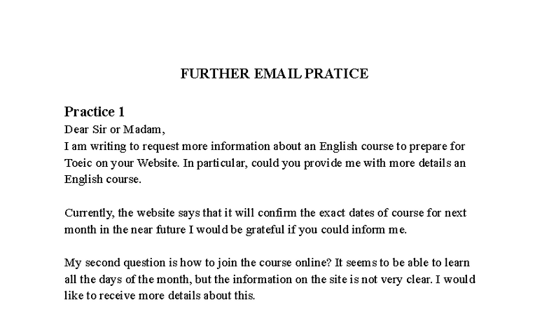 Further Email Practice for TOEIC Preparation and Inquiries - Studocu