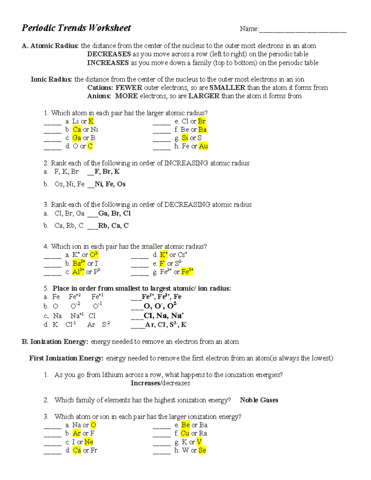 1.1.4 Periodic Trends Worksheet A: Atomic Radius, Ionization Energy ...