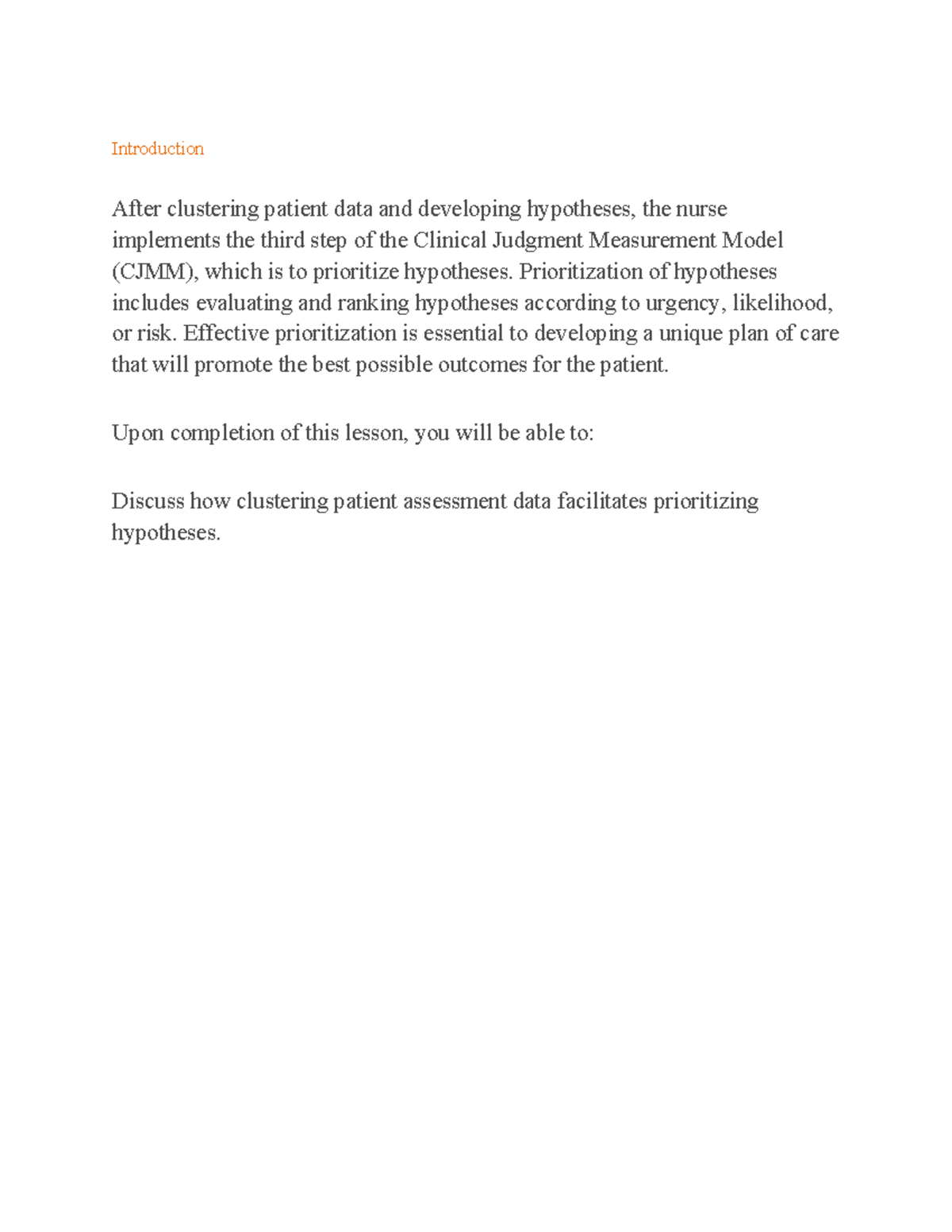 CJMM Step 3: Prioritize Hypotheses in Nursing Care - Studocu