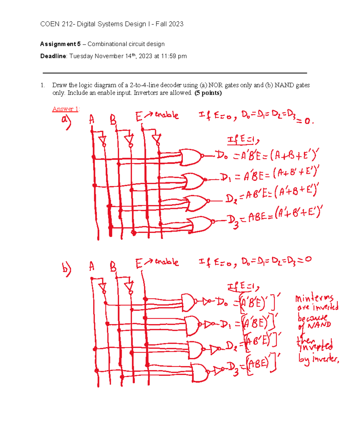 COEN Digital Systems Design I Fall 2023 Assignment 5 Solutions - Studocu
