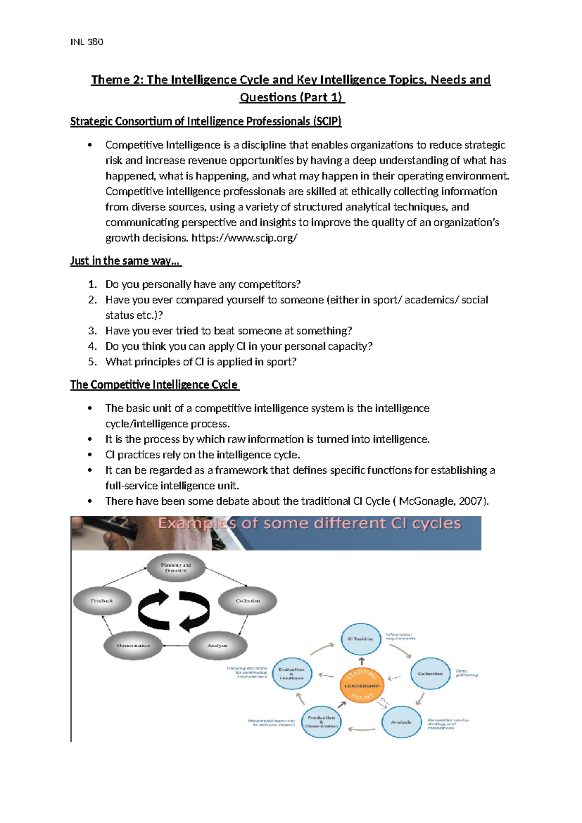 INL 380 Theme 2: Intelligence Cycle & Competitive Intelligence Insights ...