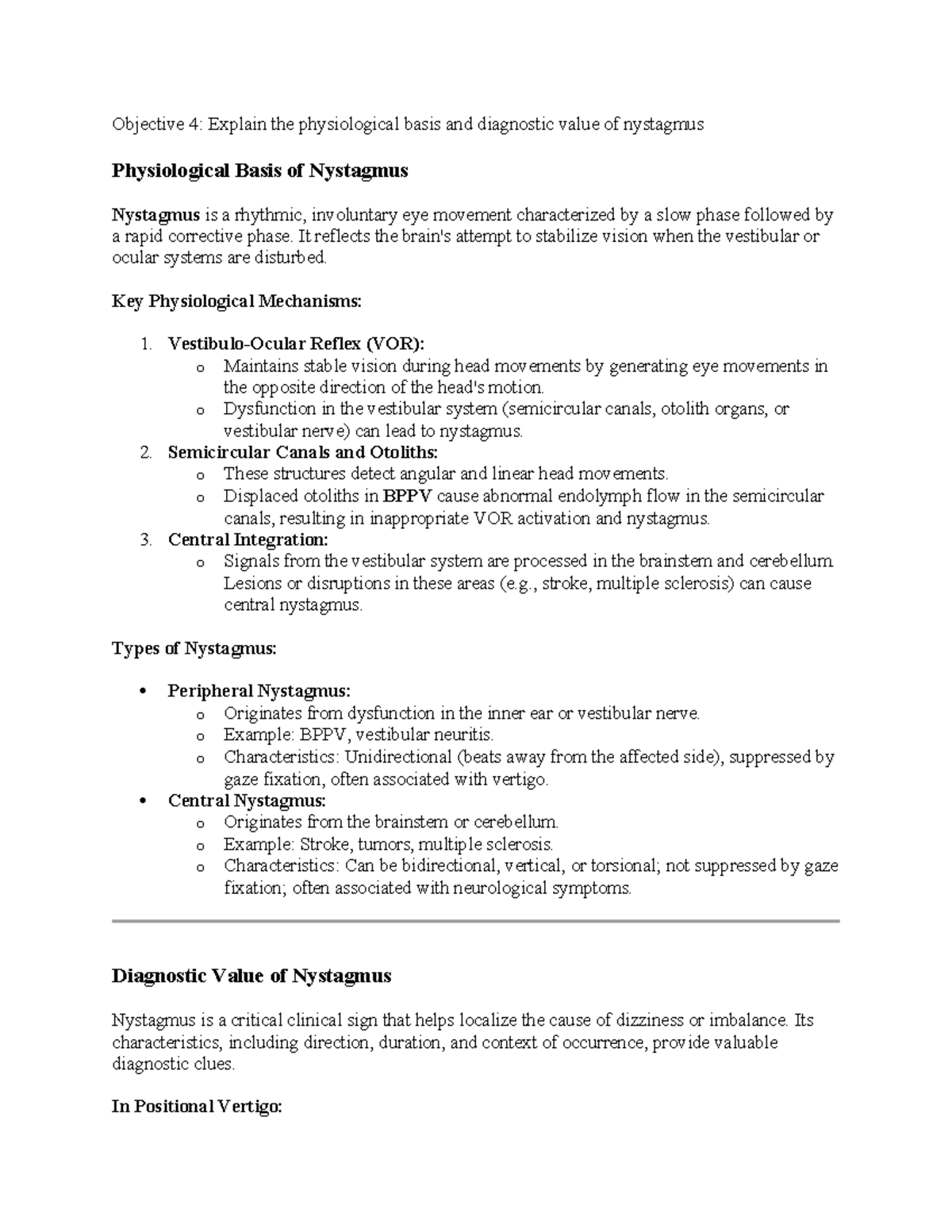 Physiological Basis of Nystagmus - Objective 4: Explain the ...