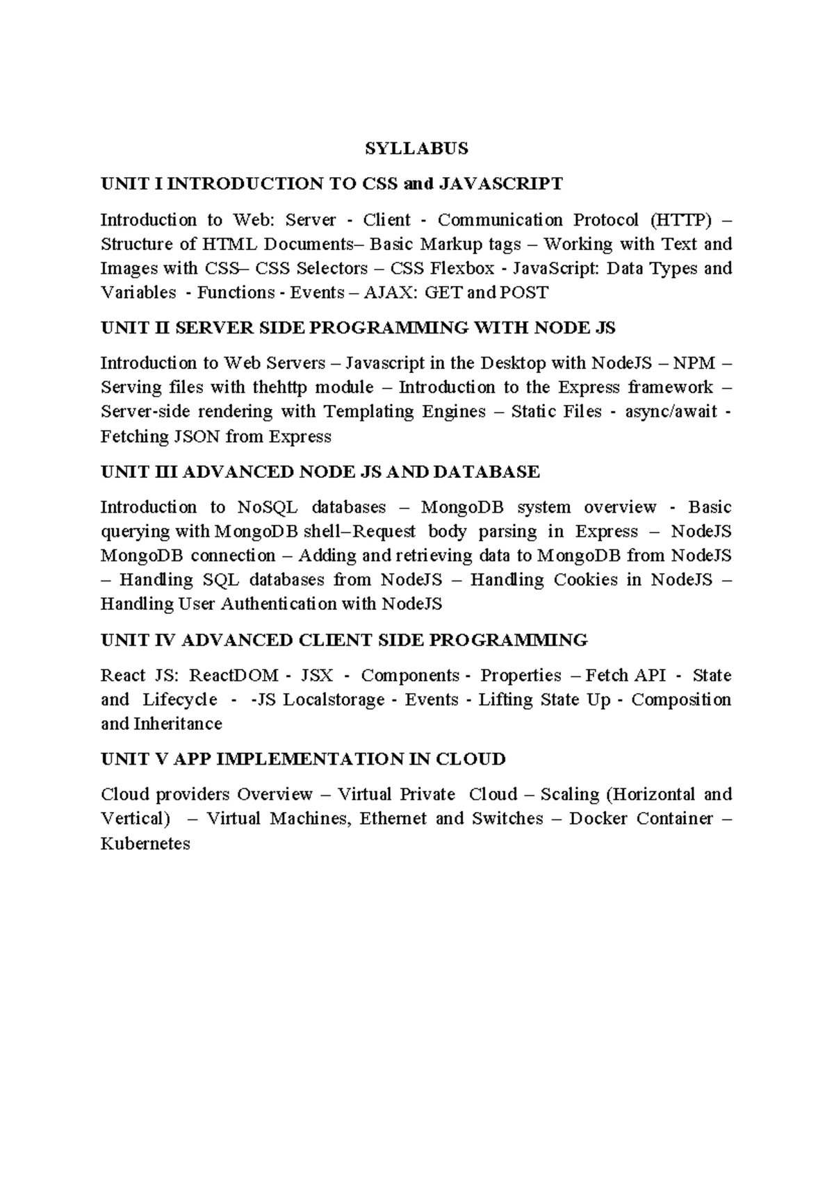 23MC203-MCA-Full Stack Web Development Syllabus & Course Outline - Studocu